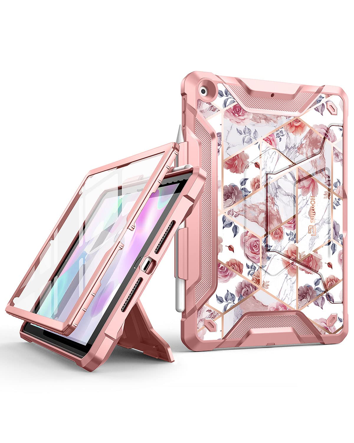SURITCH for iPad 9th/8th/7th Generation Case 10.2-inch, Built in Screen Protector Pencil Holder Shockproof Rugged Full Body Protection Case with Kickstand for iPad 2021/2020/2019 - Rose Marble