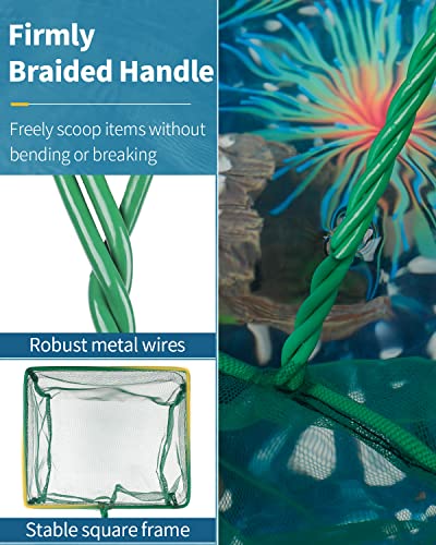Pawfly 4 & 6 Inch Aquarium Fish Net Set with Braided Metal Handle Square Green Net with Soft Fine Mesh Sludge Food Residue Wastes Skimming Cleaning Net for Fish Tanks Small Koi Ponds and Pools