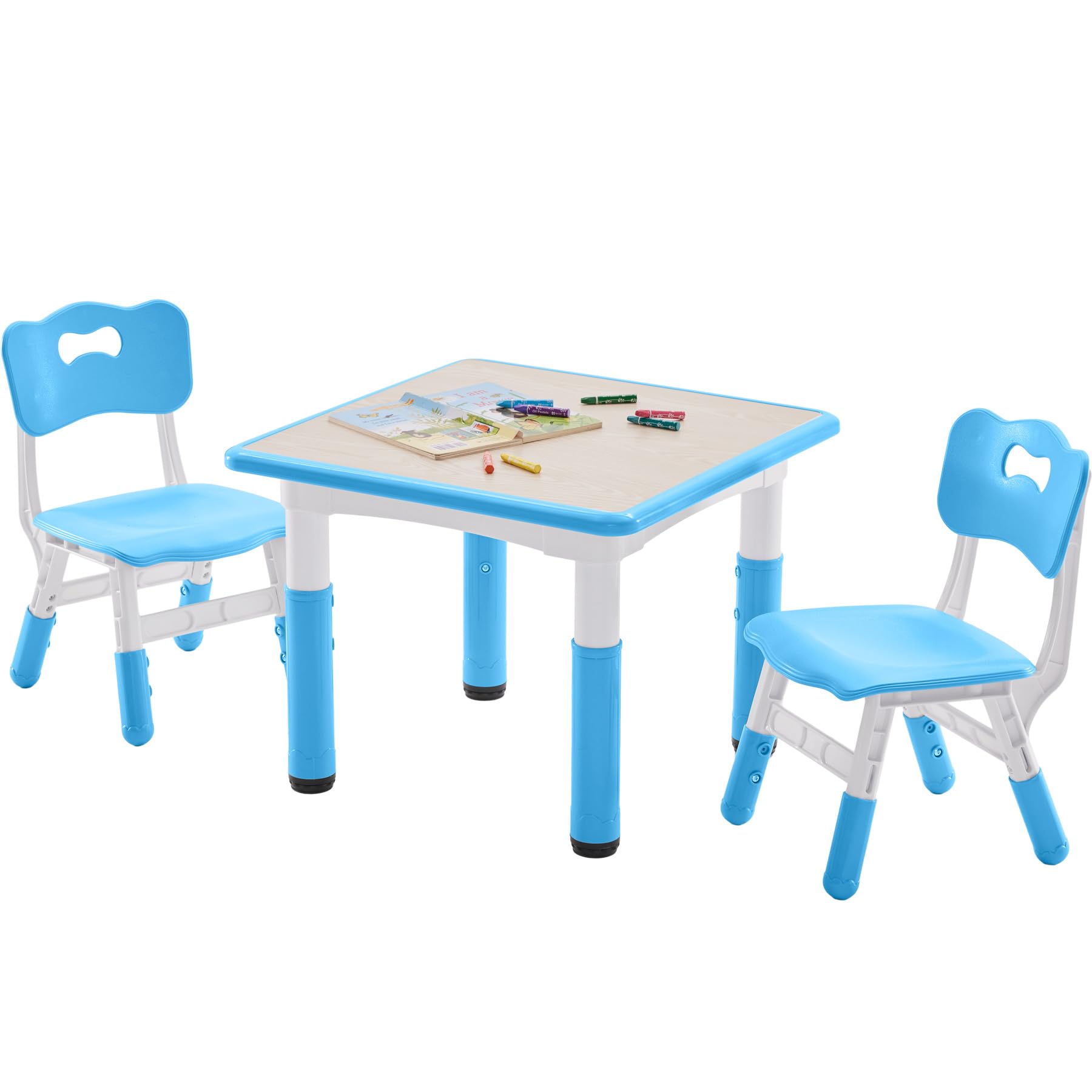 DOREROOM Kids Table and 2 Chairs Set, Height-Adjustable Toddler Table and Chairs Set with Graffiti Desktop, 23.6''L x 23.6''W Children Activity Table for Daycare, Classroom, Home