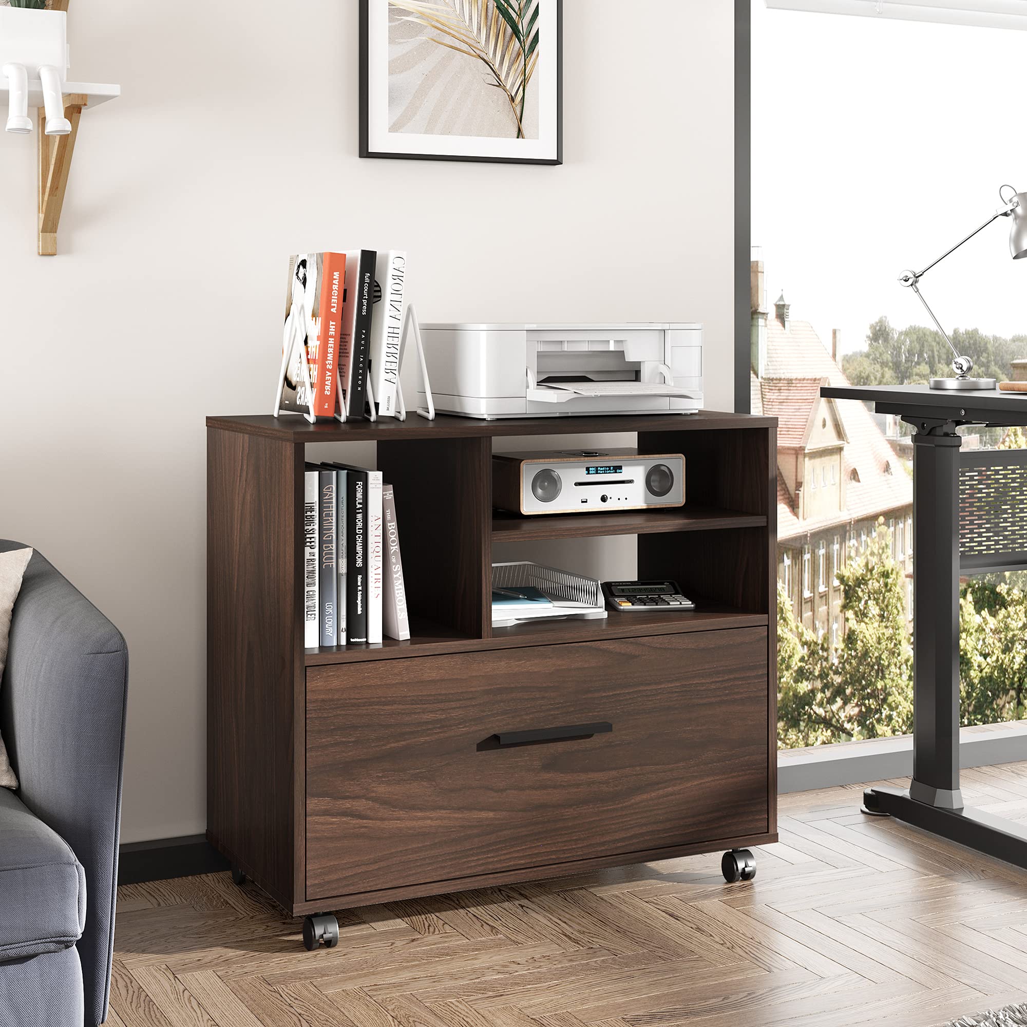 DEVAISE Wood Lateral File Cabinet with 1 Drawer, Printer Stand with Storage Shelves, Large Mobile Filing Cabinet for Home Office, Walnut