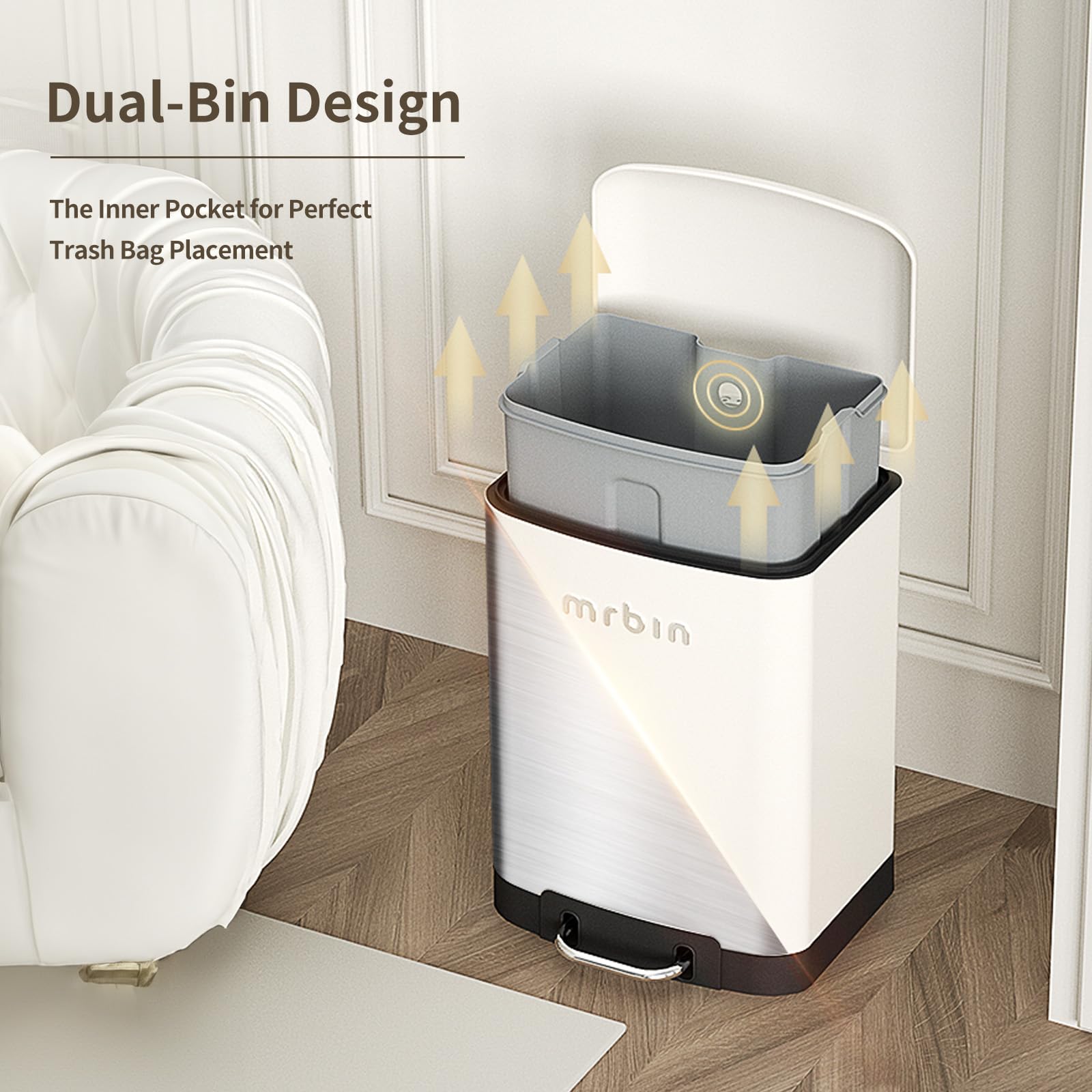 MRBIN Bathroom Trash Can with Lid, Metal Step Kitchen Waste Basket Touchless Soft Close, 20L / 5.2gal Rectangle Garbage Bucket with Stainless Steel Pedal for Office, Bedroom Accessories, White