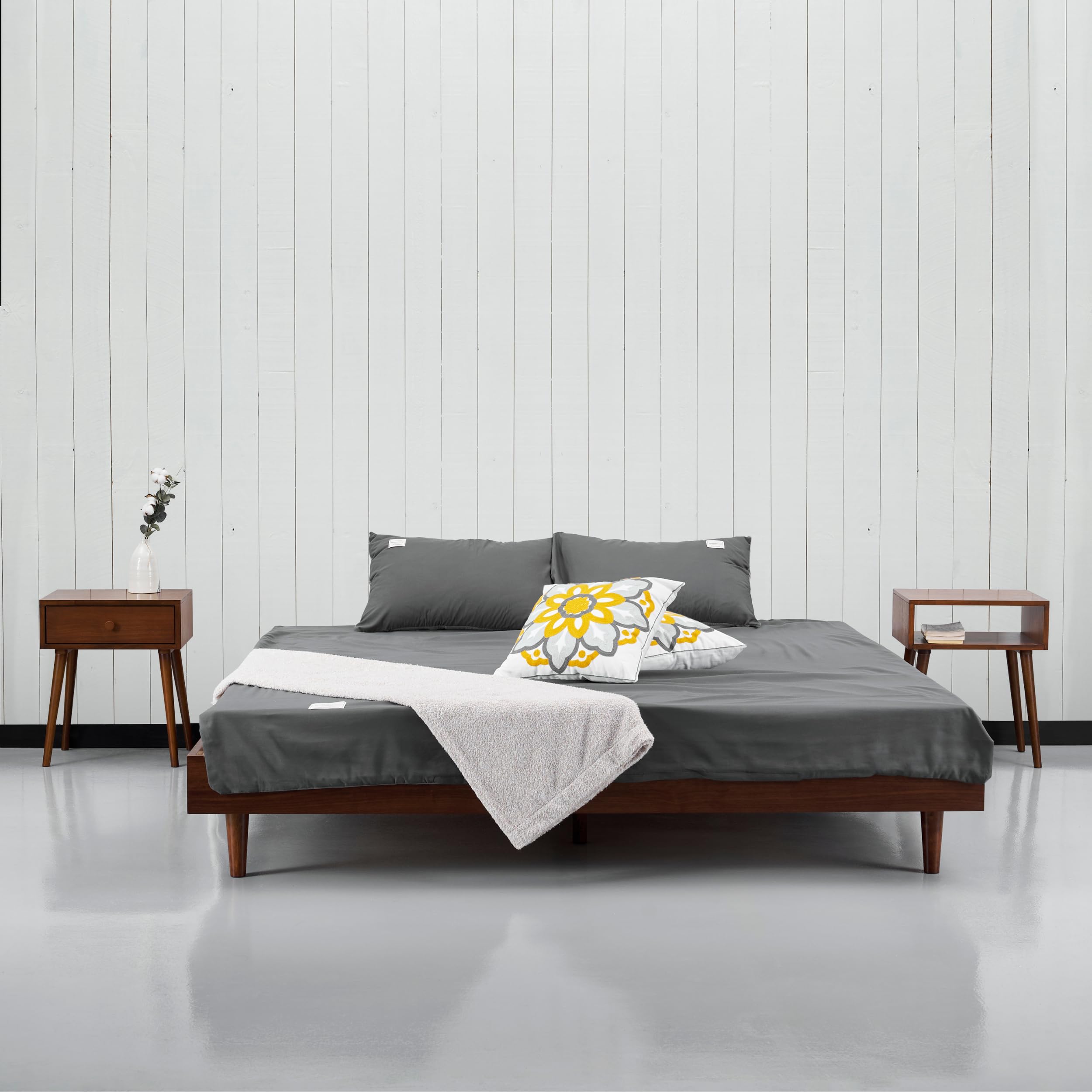 NTC Fly Wooden Bed Frame Without Headboard, Crafted from Walnut, Rubber Wood with Silent Slats and Wood Central Supports, 1000 Lb Capacity, Effortless Assembly, Queen - Dark Walnut