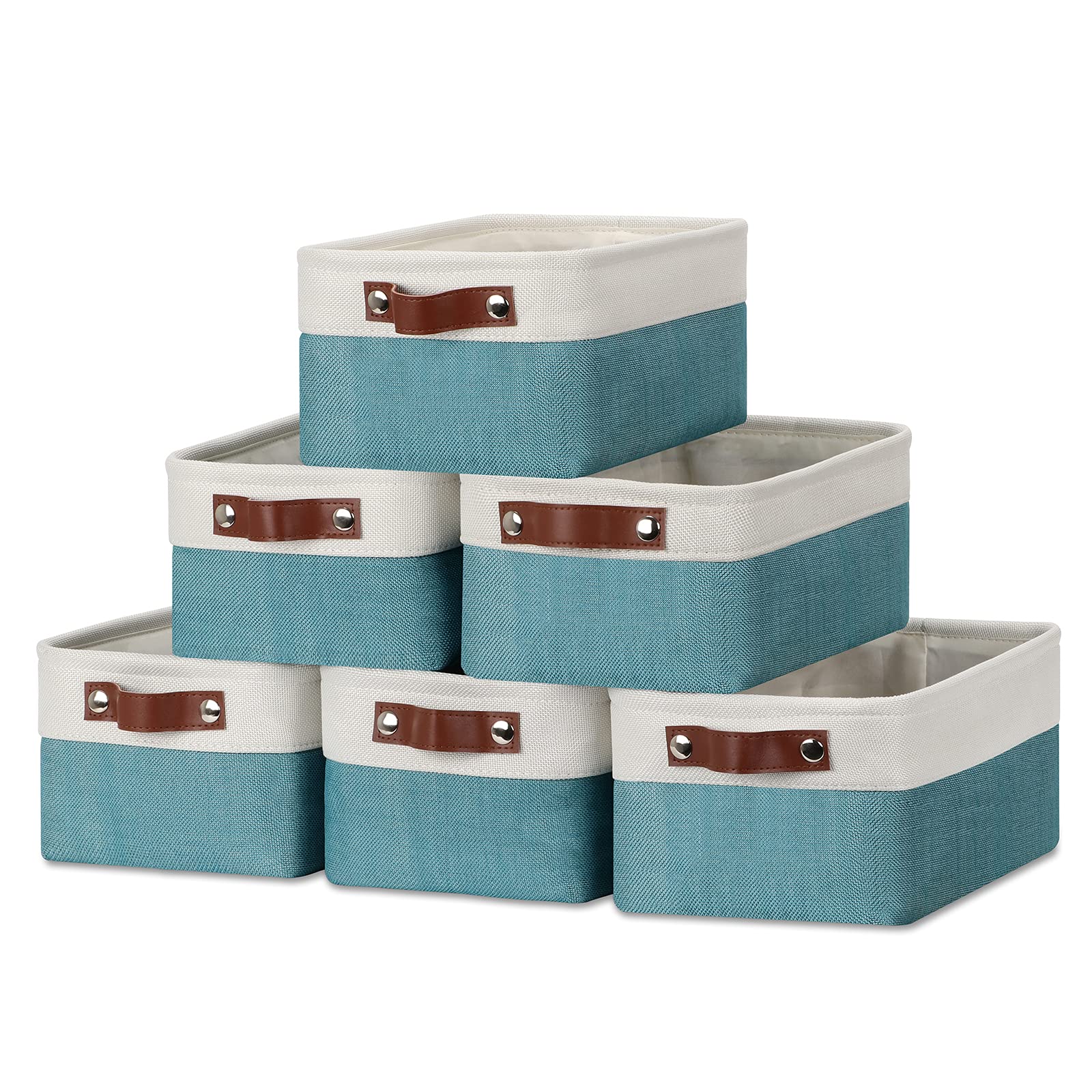 DULLEMELO Collapsible Bundle Baskets 6 Small Baskets 11.8"x7.9"x5.1" + 2 Narrow Baskets 15"x6"x5.5"(White&Teal)