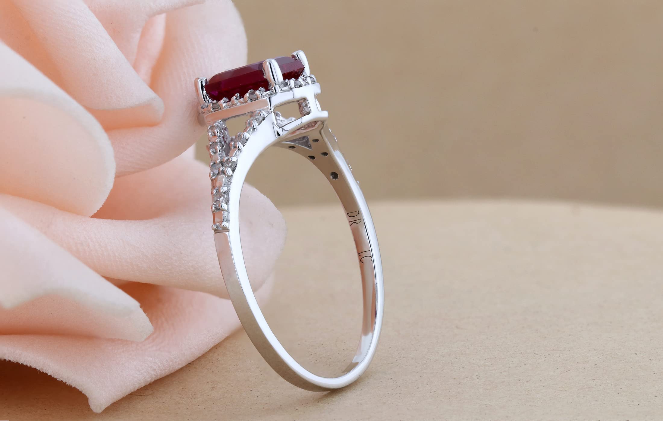Dazzlingrock Collection 7x5mm Emerald Shape Lab Created Ruby & White Diamond Split Shank Engagement Ring for Women in 925 Sterling Silver Size 7