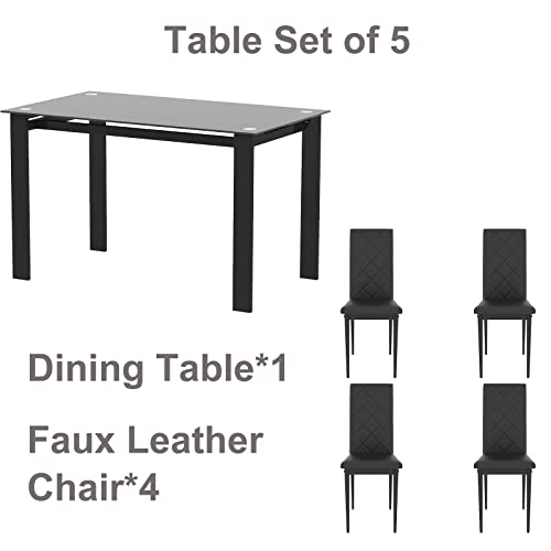 Yoglad Dining Table and Chairs, Dining Table/Chairs Set, Simple Style Table with Tempered Glass Top, Clean-Cutting Faux Leather Chairs, for Kitchen & Dining Room (Chairs*4 & Table*1, Set of 5, Black)