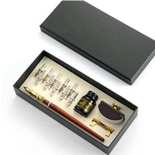 NC Calligraphy Dip Pen Set, Retro European Style Wooden Ink Pen Business Gift, 10 Nibs, 15ml Ink, Pen Holder, Packing Box