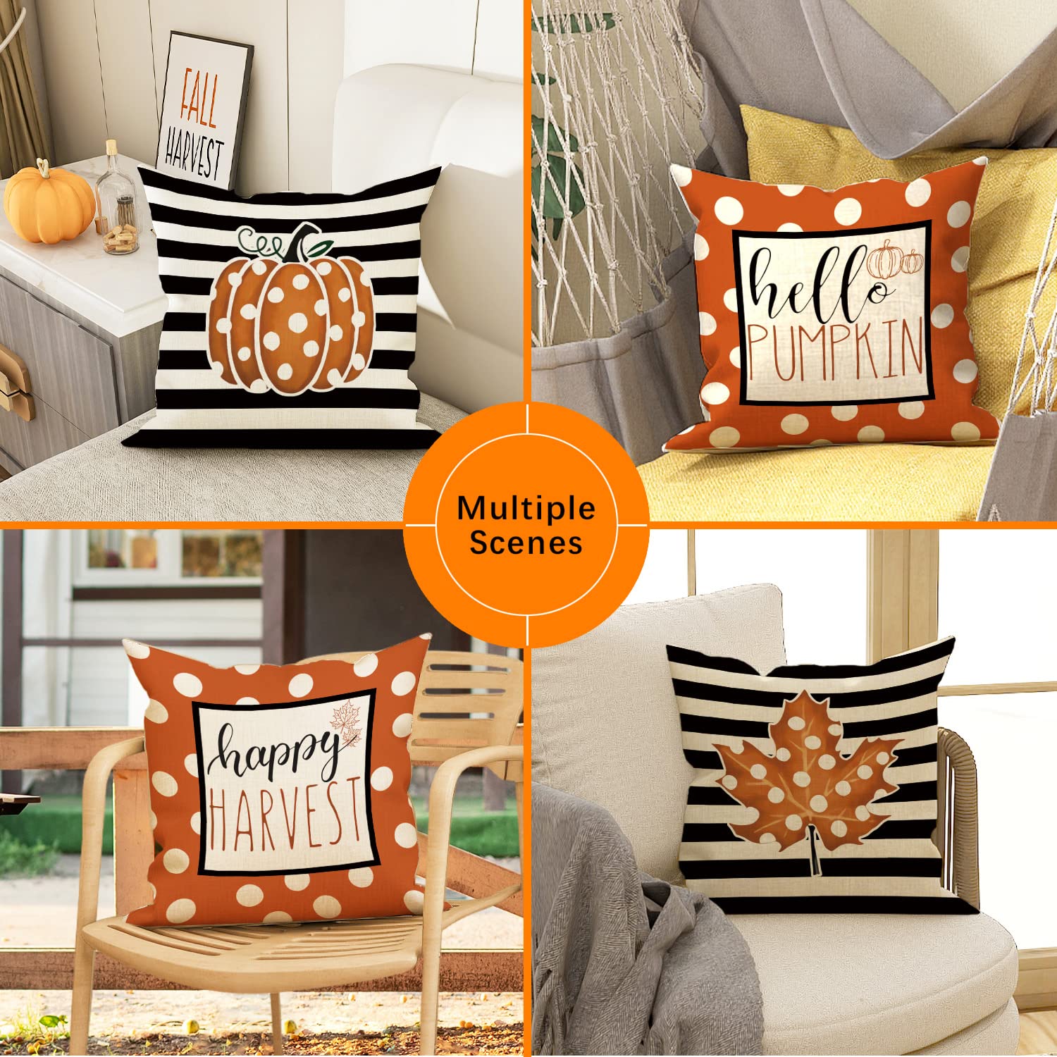 DESIHOM Thanksgiving Fall Throw Pillow Covers 18x18 Inch Set of 4 Fall Decorations for Home Hello Pumpkin Buffalo Plaid Autumn Throw Pillow Covers