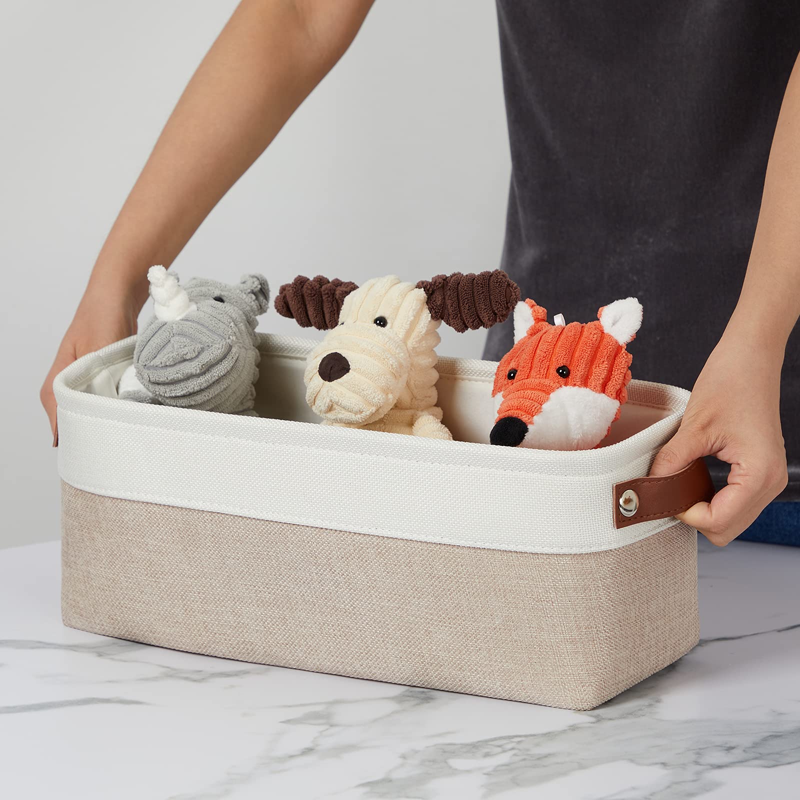 DULLEMELO Collapsible Bundle Baskets 2 Narrow Baskets 15"x6"x5.5" + 4 Cube Baskets 13"x13"x13"(White&Khaki)
