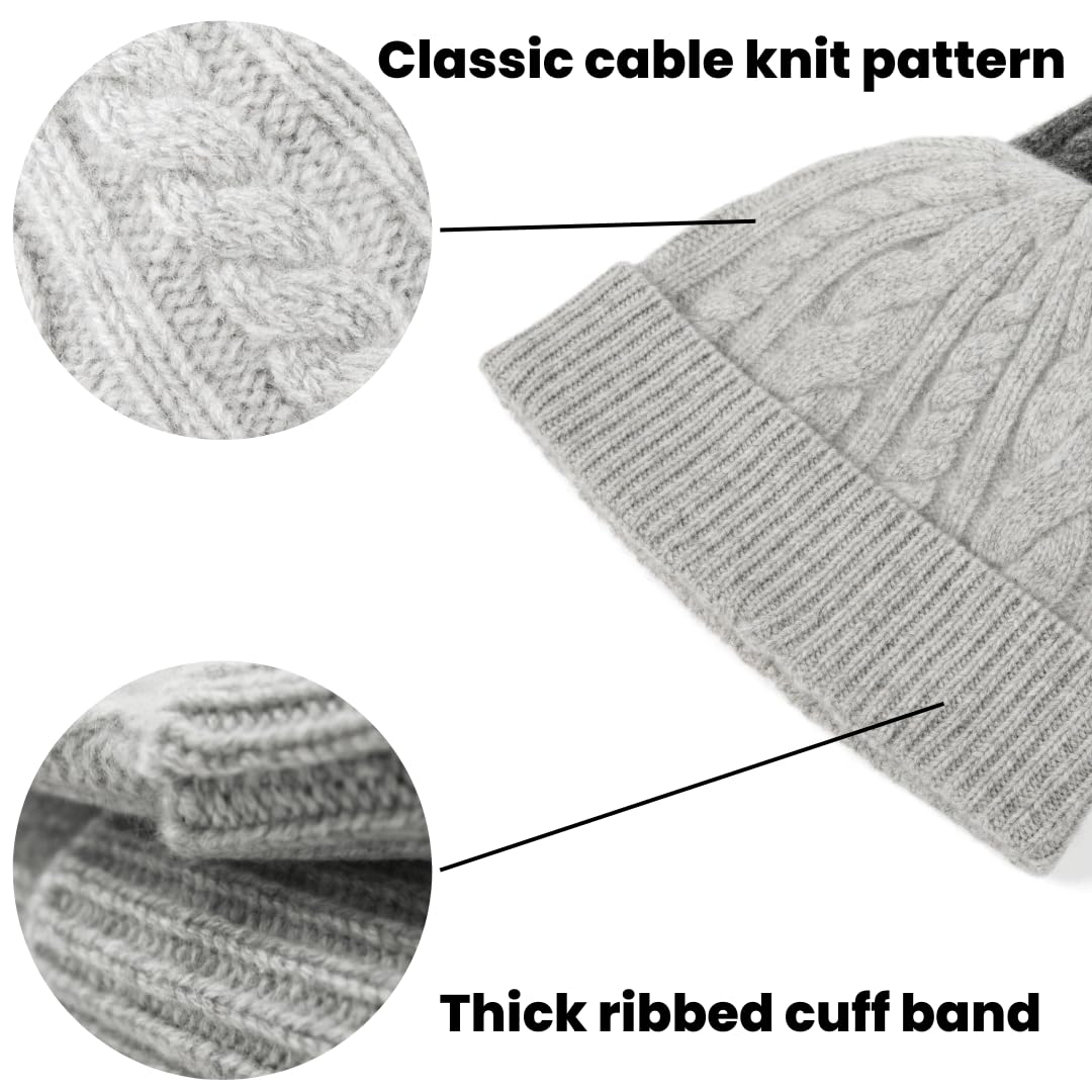 Fair Goods 100% Cashmere Beanie for Men | Cable Knit Winter Hat | Rugged, Classic, Fisherman Cap, Light Grey