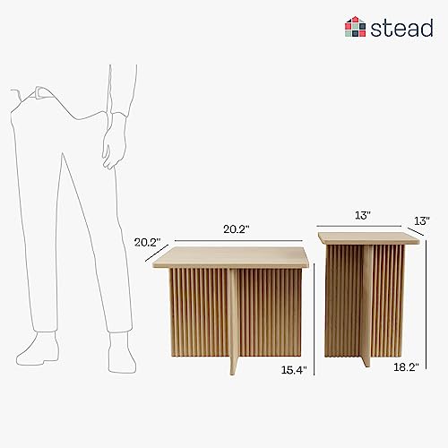 Square Fluted Nesting Coffee Table - 2 Piece Square Coffee Table Set - Living Room Furniture - Modern Home Decor - Solid Oak Base (Natural Oak)