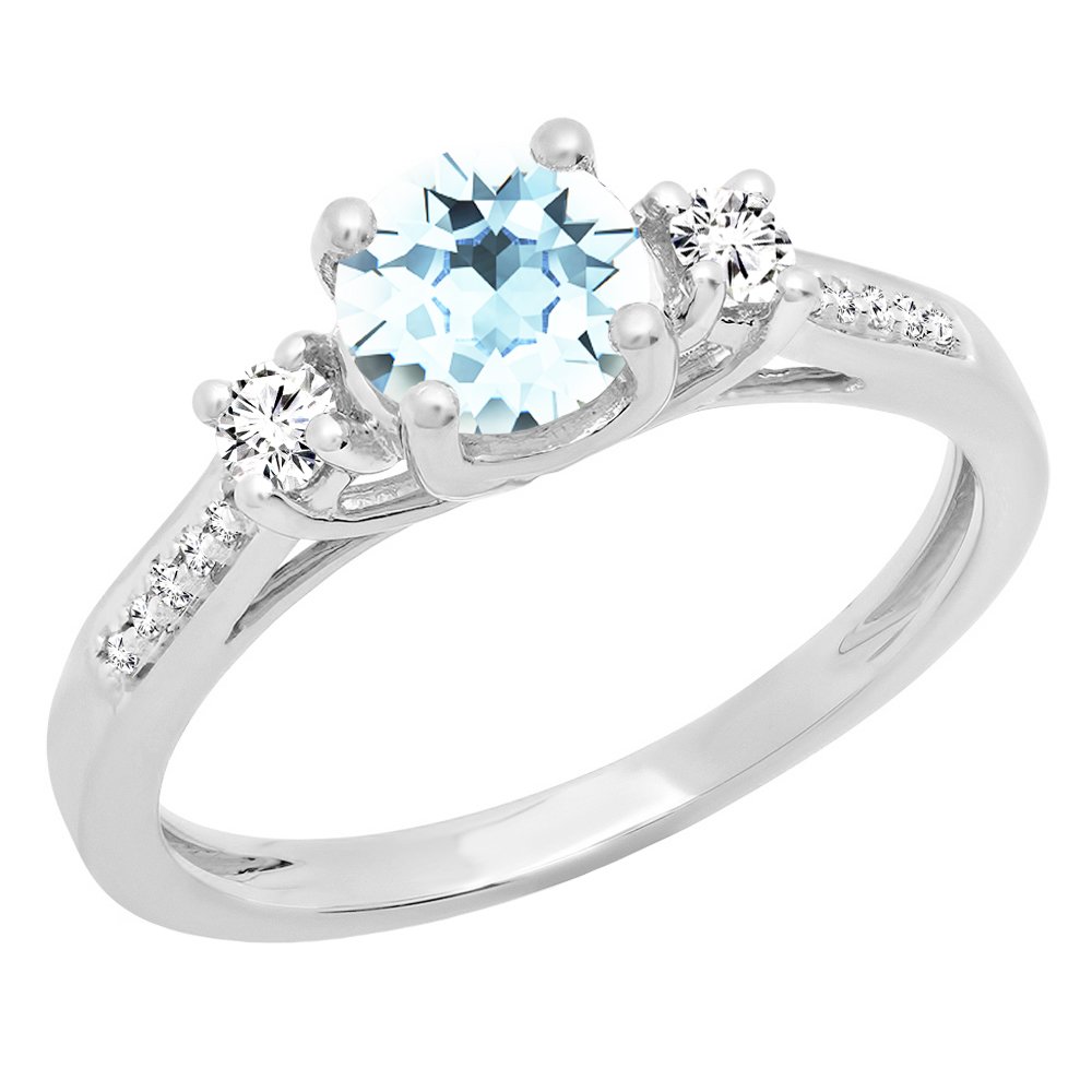 Dazzlingrock Collection 5 MM Round Aquamarine, White Sapphire & Diamond Ladies Engagement Ring in 10K White Gold, Size 7