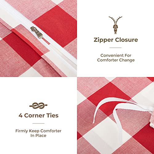 VEEYOO King Duvet Cover Cotton - 100% Washed Cotton Buffalo Plaid Duvet Cover Set with Zipper Closure, Extra Soft Breathable Comforter Cover (Red Buffalo Check)