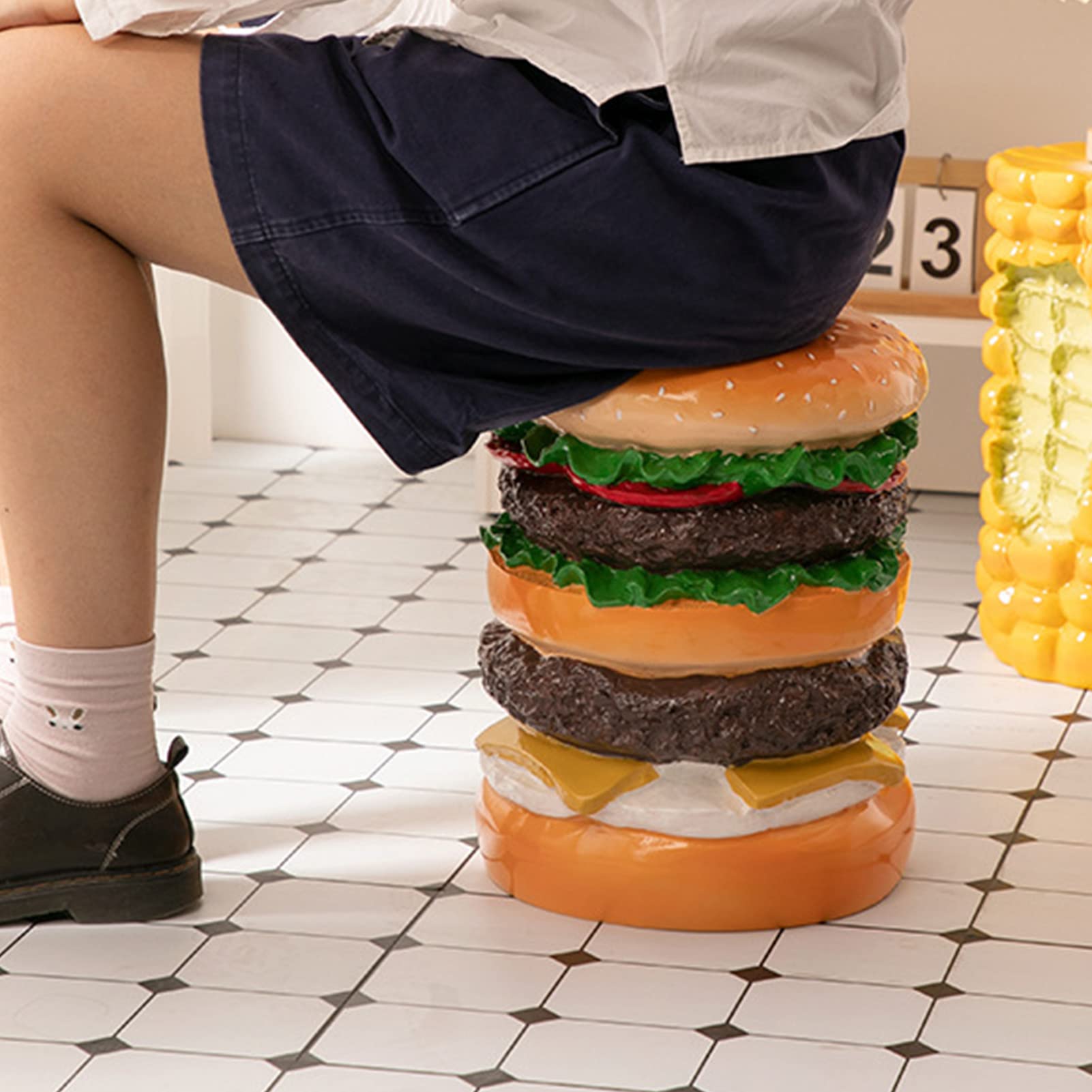 Mrisata Creative Small Stool Hamburger Shape Stool Corn Shape Stool Cute Stylish Hand Painted Shoe Changing Stool Foot Rest Stool for Kitchen for Living Room Bedroom Playroom