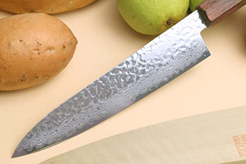Yoshihiro VG-10 46 Layers Hammered Damascus Gyuto Japanese Chefs Knife (Octagonal Shitan Rosewood Handle) (8.25" (210mm))