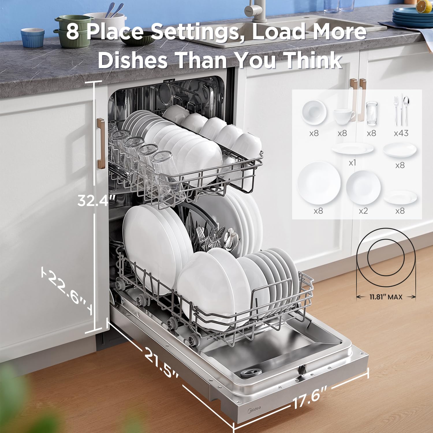 Midea MDF18A1AST Built-in Dishwasher with 8 Place Settings, 6 Washing Programs, Stainless Steel Tub, Heated Dry, Energy Star