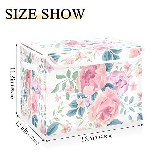Kigai Storage Basket Pink Rose Flower Floral Storage Boxes with Lids and Handle, Large Storage Cube Bin Collapsible for Shelves Closet Bedroom Living Room, 16.5x12.6x11.8 In