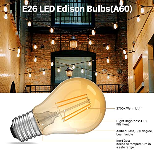 E26 Dimmable Vintage LED Edison Bulbs, A60 Antique Vintage Style Light, 2700K Warm Light, 22,000 Hours Lifespan, 110V-130V, 40 Watt Equivalent, Waterproof, Amber (4 Pack)