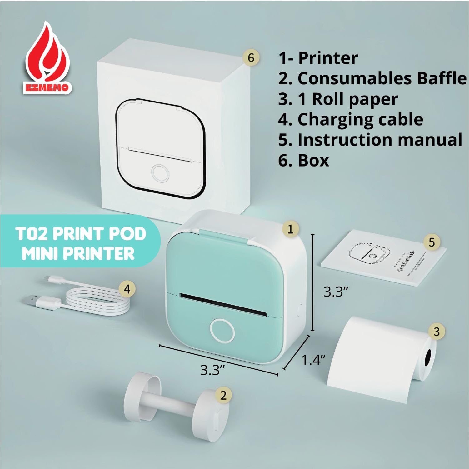 T02 Mini Printer, Portable Sticker Printer Efficiently and Quickly, Thermal Printer for Study Notes, Pictures, DIY, Label, Free App with Multiple Templates-for Android & iOS Green