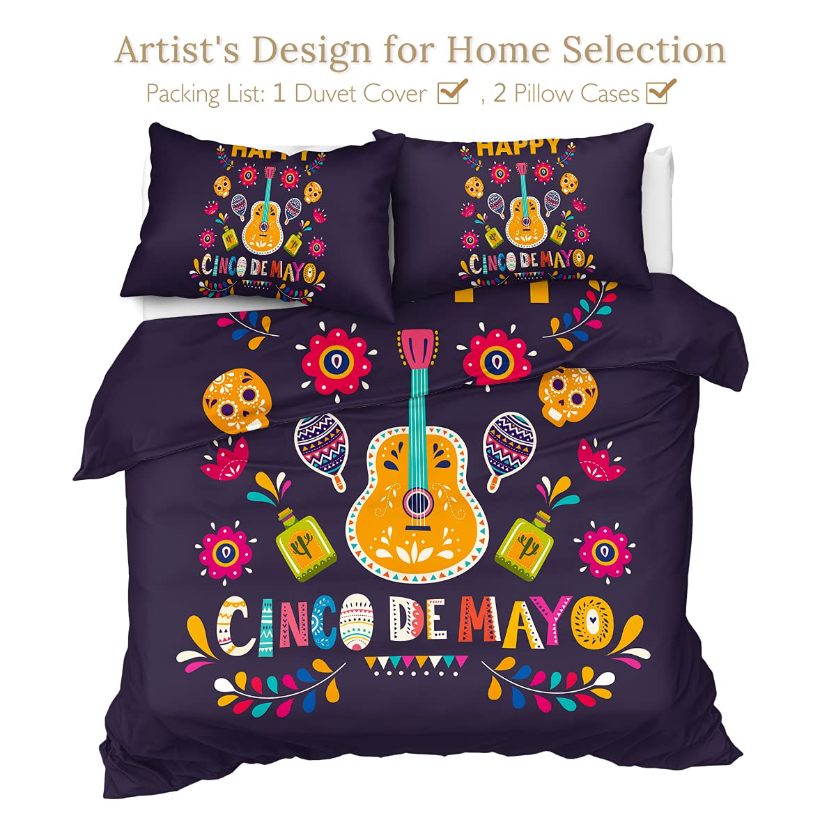 Sleepwish Mexican Bedding Colorful Floral Mexico Duvet Cover Mexican Bird Tile Folk Art Bed Set 3 Pieces Traditional Bedspreads Queen Size