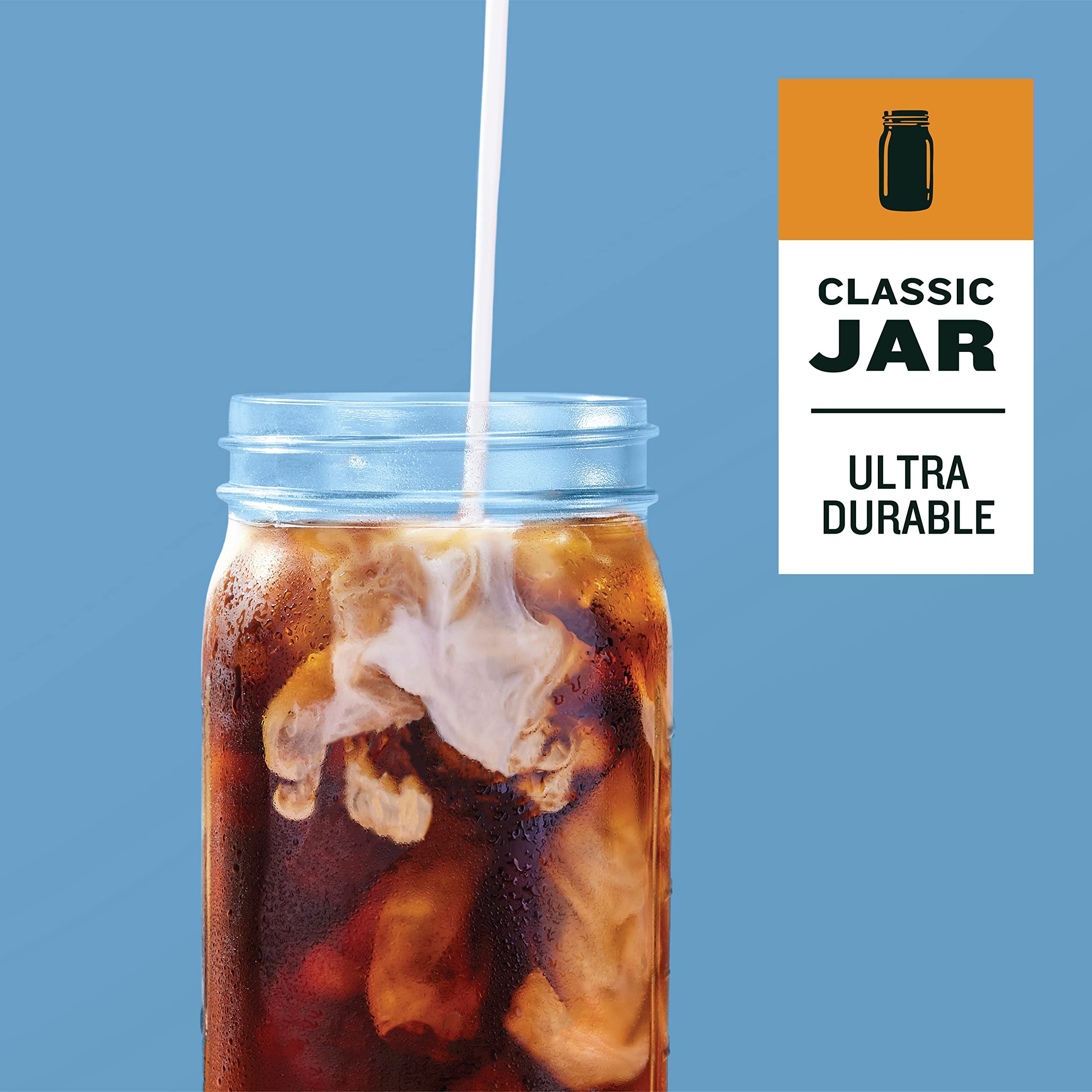 County Line Kitchen Cold Brew Coffee Maker, Mason Jar Pitcher - Heavy Duty Soda Lime Glass w/Stainless Steel Mesh Filter & Flip Cap Lid - Iced Tea & Coffee - 1 Qt (32 Oz), Gray/Blue Handle