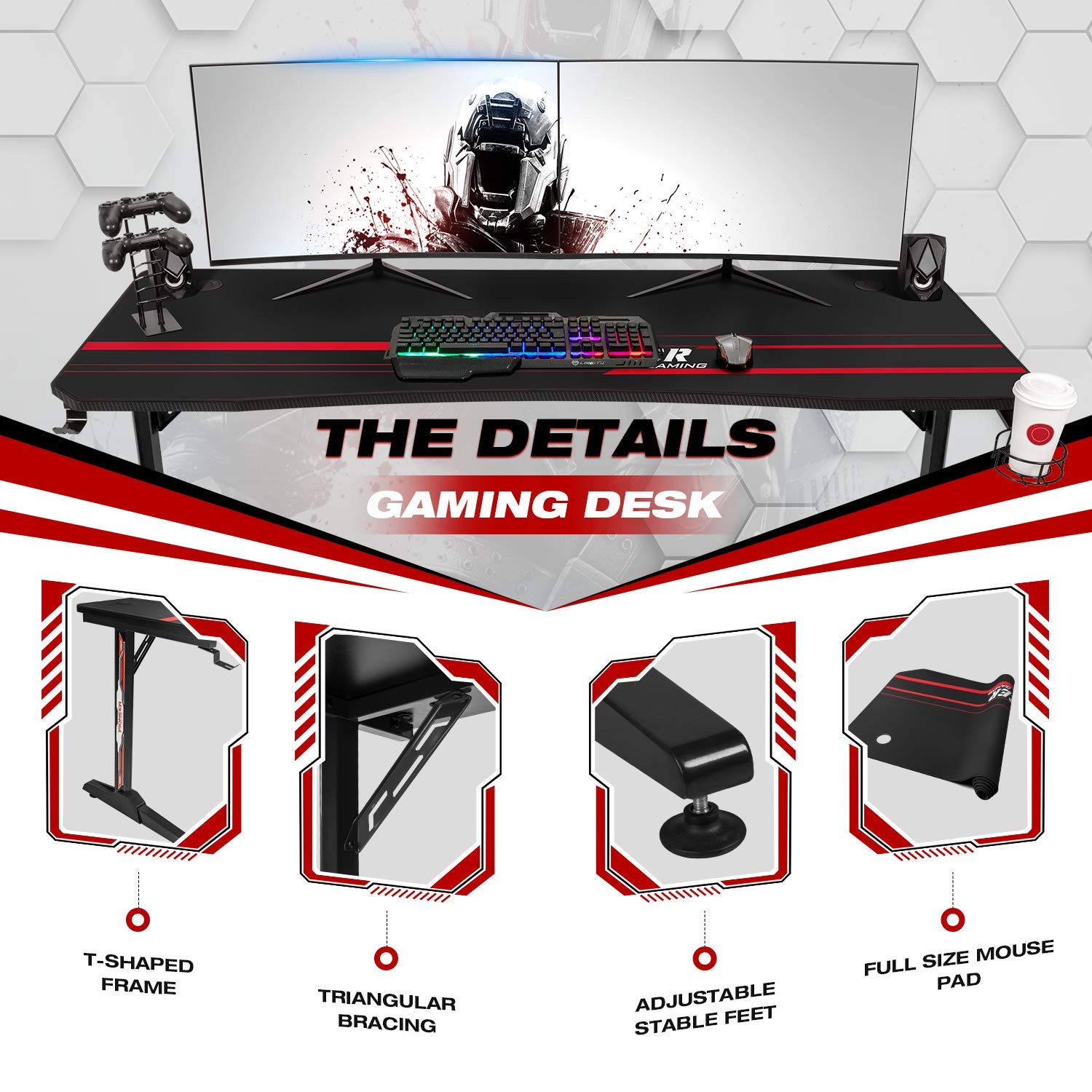 Devoko 55 Inch Gaming Desk T-Shaped PC Computer Table with Free Mouse Pad Carbon Fibre Surface Home Office Desk Gamer Table with Game Handle Rack Headphone Hook and Cup Holder (Black)