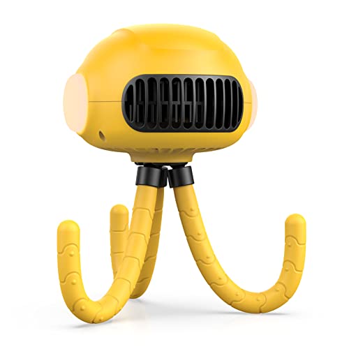 kudosay Mini Handheld Stroller Fan, 4000mAh Personal Portable Fan with Flexible Tripod and Adjustable 4 Speeds,LED Light, Battery Operated USB Fan for Stroller Office Bedroom, Outdoor (Yellow)