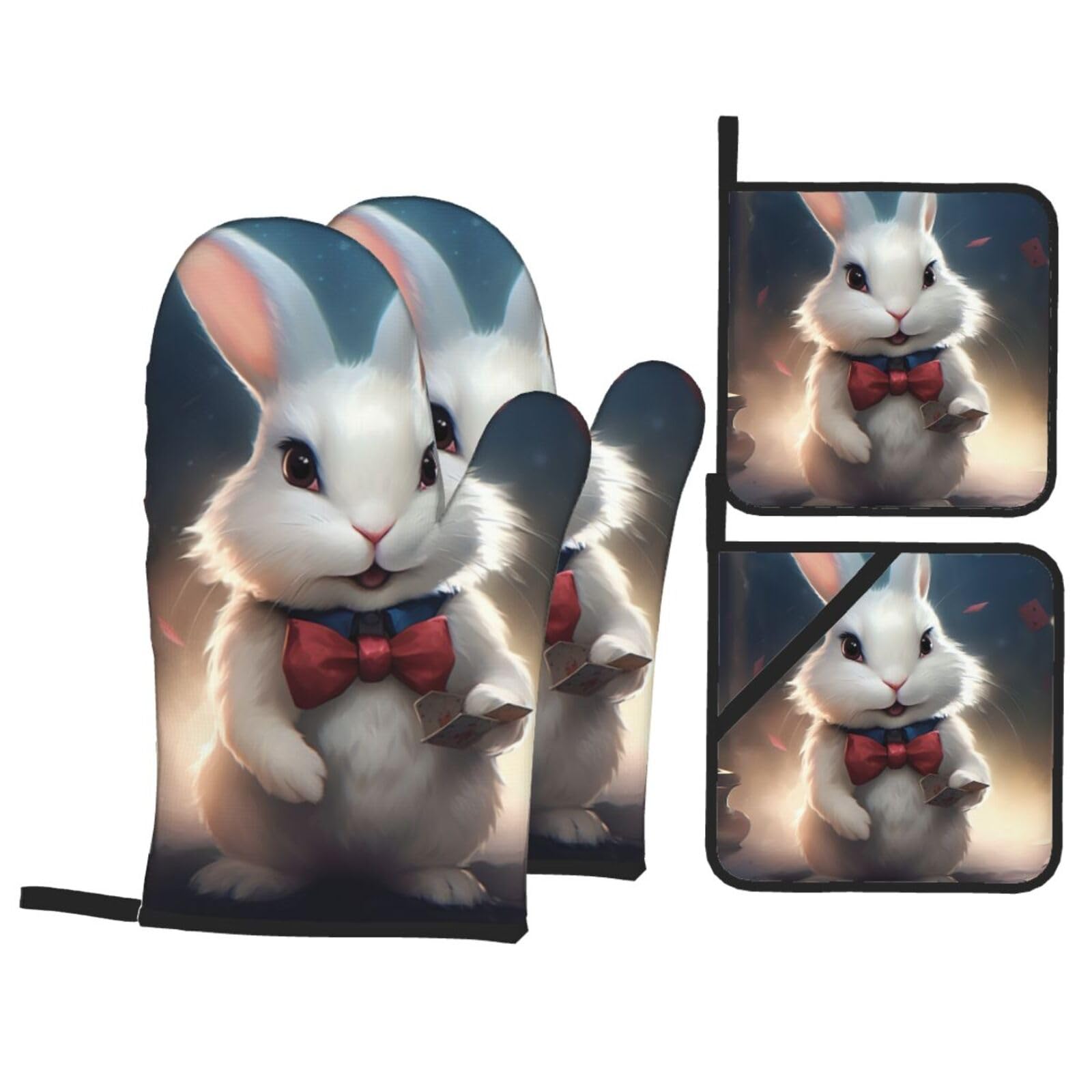 Cute White Rabbit Kitchen Baking 4-Piece Set–Heat Resistant Oven Mitts and Pot Holders Kitchen Hot Pads