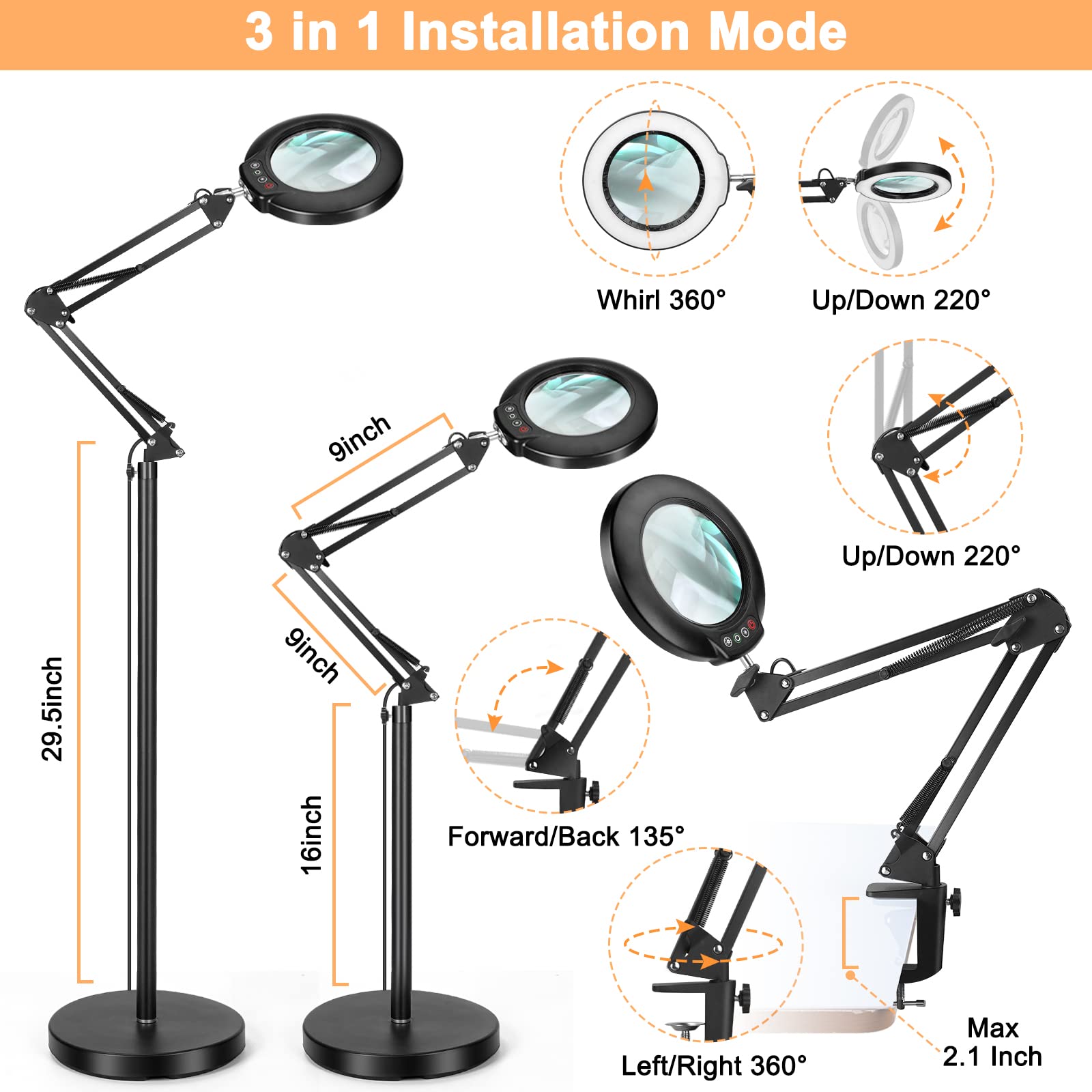 Drdefi 10X Magnifying Glass with Light and Stand, 3-in-1 Adjustable Swing Arm Magnifying Floor Lamp, 5 Color Modes Stepless Dimmable LED Lighted Magnifier Lamp with Clamp for Craft Reading Close Work