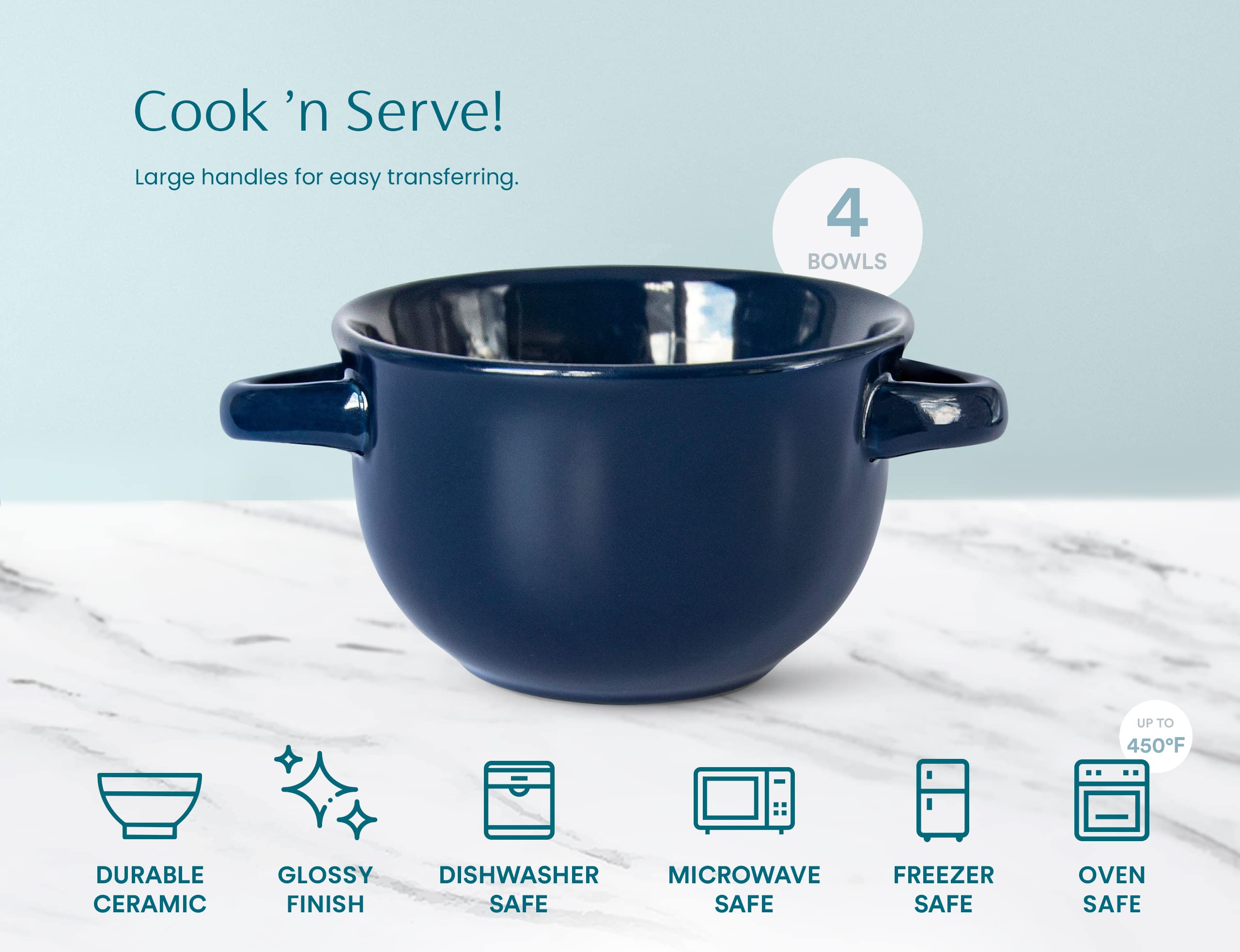 Soup Bowls, French Onion Soup Bowls, by Kook, Soup Crocks, Oven Safe Bowls, Soup Mugs, Ceramic Bowls, Dishwasher, Microwave, Set of 4, 18 oz (Blue)