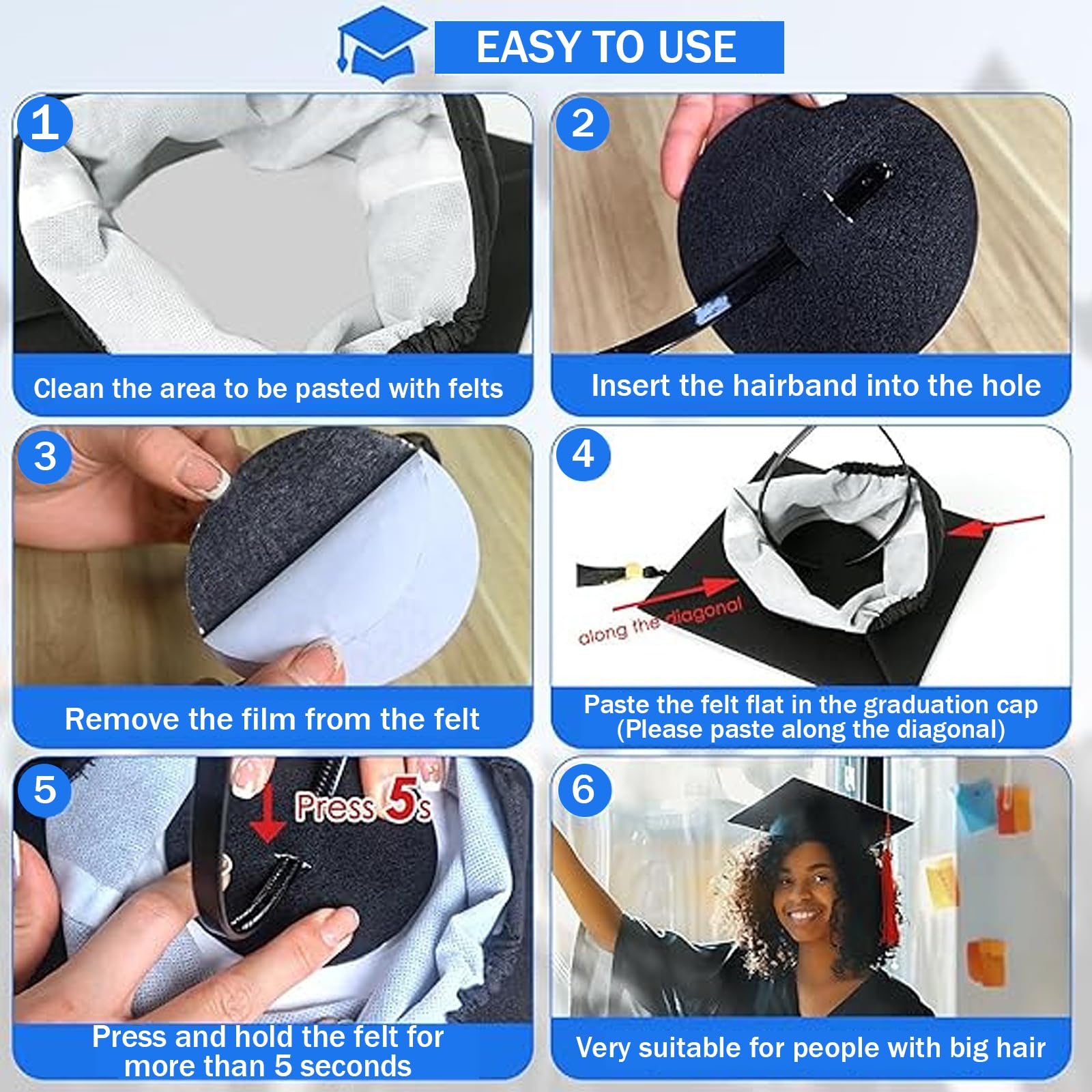 Graduation Cap Headband, Firm Anti-Fall Hairband for Graduation Cap, Hat Accessories for Graduates, Students(Graduation Cap Not Included)