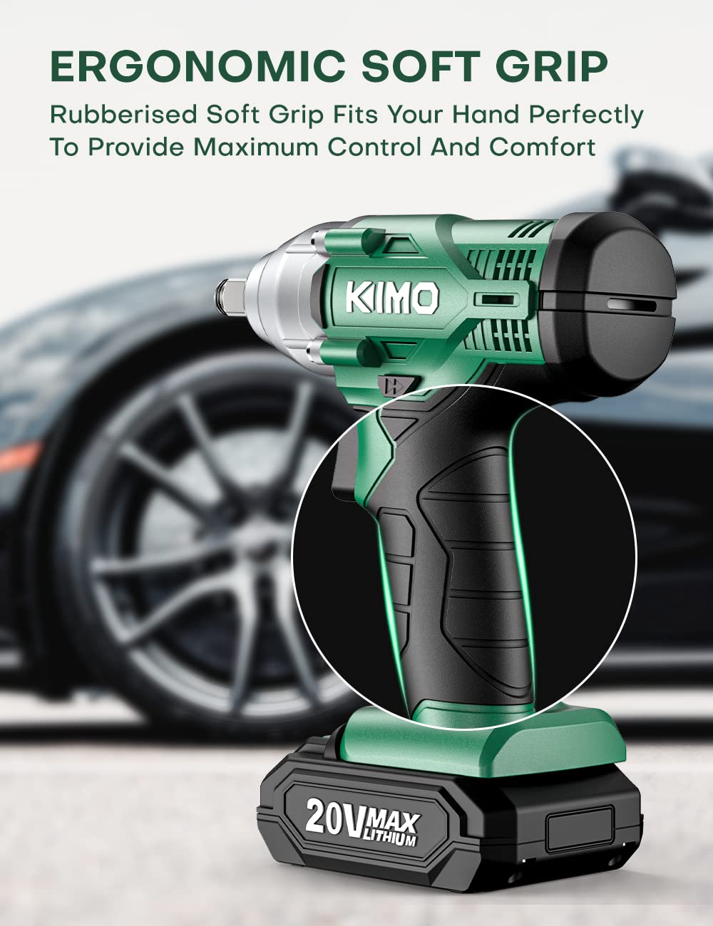 KIMO 20V Cordless Impact Wrench 1/2 inch, 2832In-Lbs & High Torque 3400 IPM, Impact Gun w/Battery & Charger, 7 Pcs Impact Driver Sockets, Electric Impact Drill Set w/Variable Speed for Car Tires