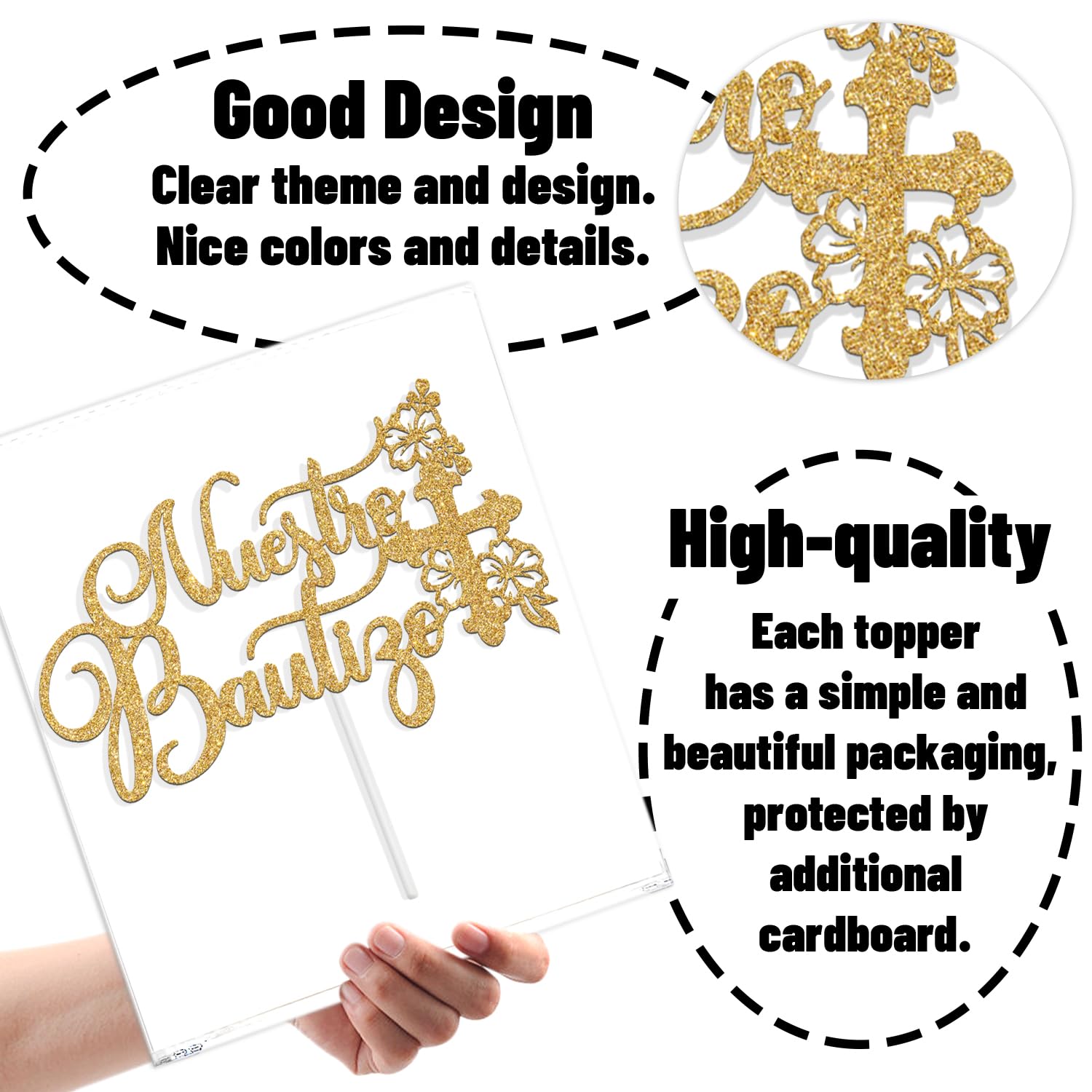 Nuestro Bautizo Cake Topper, Mi Primera Comunion, First Holy Communion, Bridal Shower/Wedding/Baptism/Christening Baby Shower Party Decorations, Gold Glitter