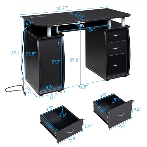 DESIGNSCAPE3D Modern Black Computer Desk with Keyboard Tray, 3 Drawers, and Charging Station - Home Office Desk for Efficiency and Style