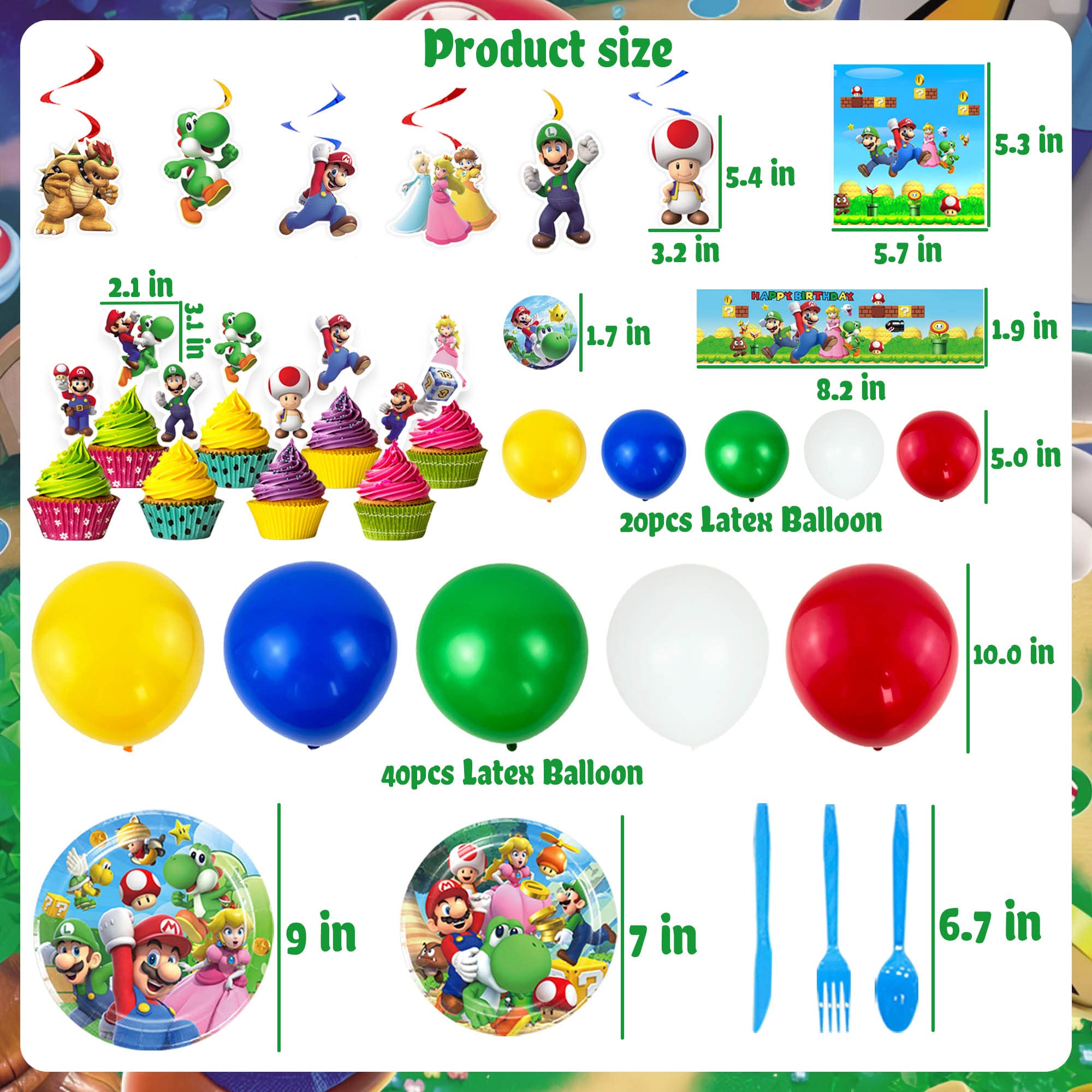 Mario Birthday Party Supplies, Mario Bros Party Decorations Include Banner, Hanging Swirls, Backdrop, Tableware, Cake Toppers, Bottle Labels, Chocolate Stickers