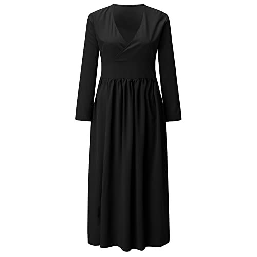 Deep V-Neck Maxi Dress for Women Solid Color High Split Swing Dress Elegant Long Sleeve Evening Dress