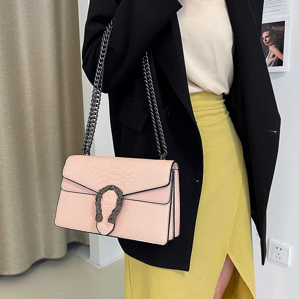 DEEPMEOW Crossbody Shoulder Evening Bag for Women - Snake Printed Leather Messenger Bag Chain Strap Clutch Small Square Satchel Purse(Pink)