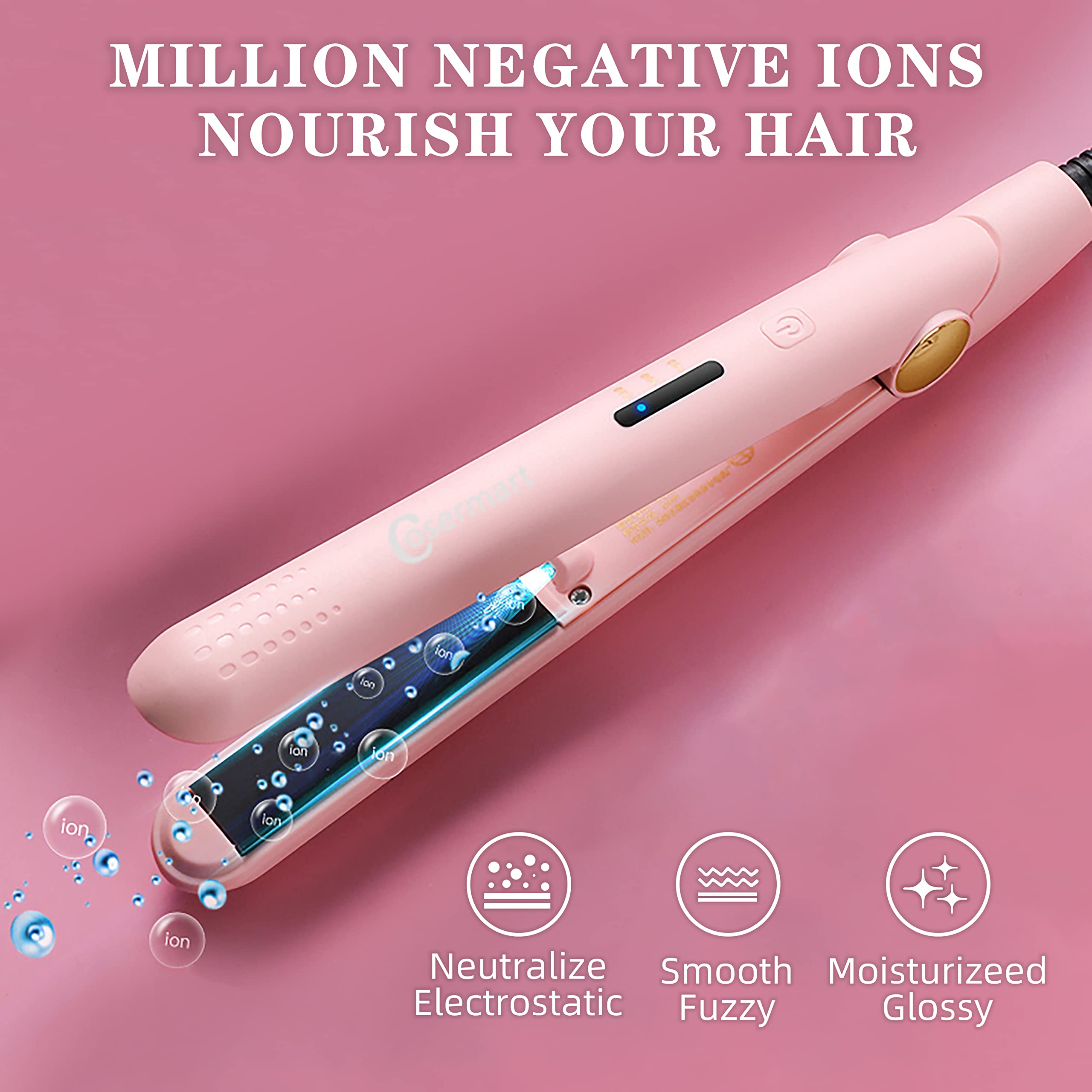 Cosermart Temperature Adjustable Ionic Titanium Ceramic Hair Straightener and Curler 2 in 1 - Dual Voltage Curling Bangs Flat Iron Great for Salon and Travel, Pink