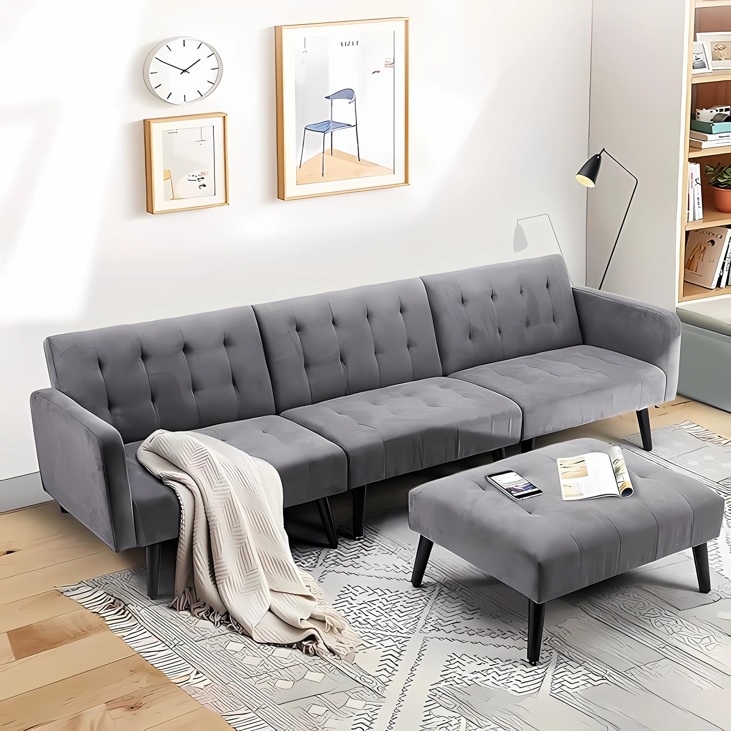KissAir Modern Linen sectional Convertible Sofa Bed Reversible Sectional Sofa Sleeper Mid-Century Upholstered Comfy Couches for Living Room w/Chaise Lounge,Split-Back,Removable Armrests(Dark Grey)