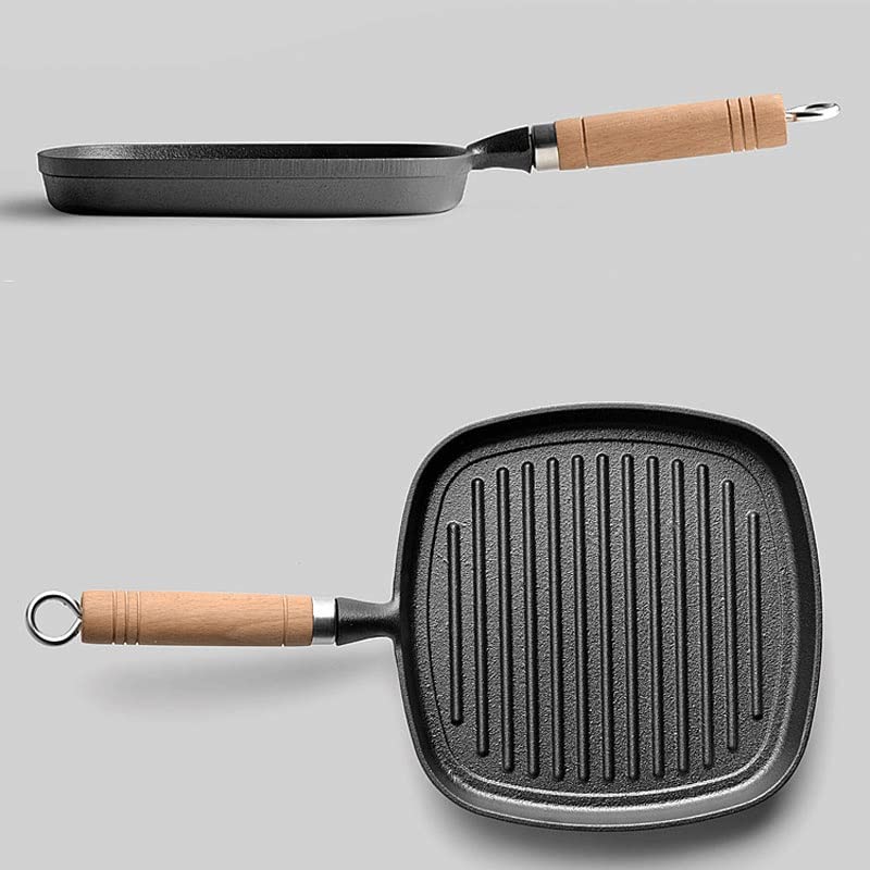 DHTDVD Skillet Cast Iron Skillet Wooden Handle Striped Steak Skillet Cookware Kitchen
