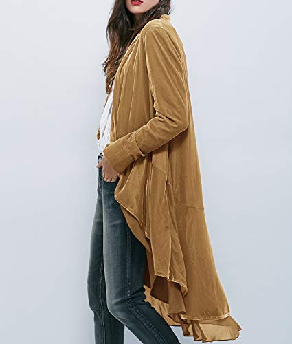 R.Vivimos Womens Ruffled Asymmetric Long Velvet Blazers Coat Casual Jackets (Medium, Khaki)