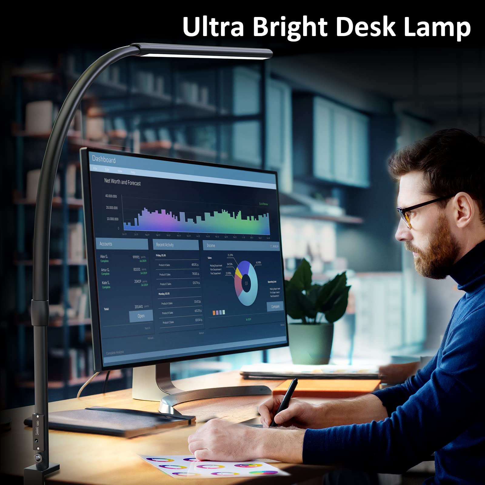 Desk Lamp for Home Office, Flexible Gooseneck Desk Lamps with Clamp, Desk Lamp with USB C and A Ports, 5 Modes 5 Brightness Architect Clip Light for Workbench Office Reading Study