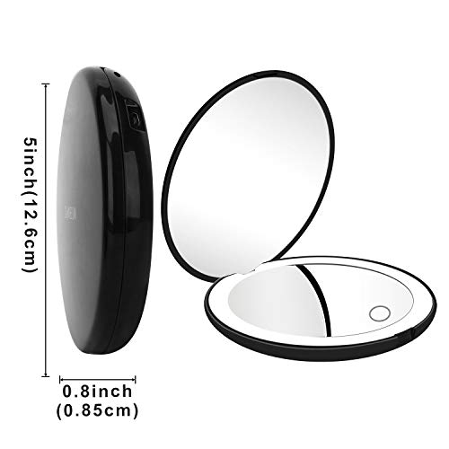 deweisn Folding Compact Rechargeable Lighted Makeup Mirror for Travel, Purse and Handbags1X and 10X Magnifying Handheld Makeup Mirror Diameter 5”x Thick 0.33" Double Side Mirror