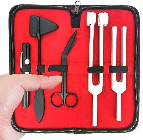 SURGICAL ONLINE Tactical Black - Set of Multi Purpose Diagnostic kit for Neurological, EMT and Eye EXAM, Reflex Percussion Taylor Hammer + Penlight + Tuning Fork C 128 C 512 + Bandage Scissors 5.5"