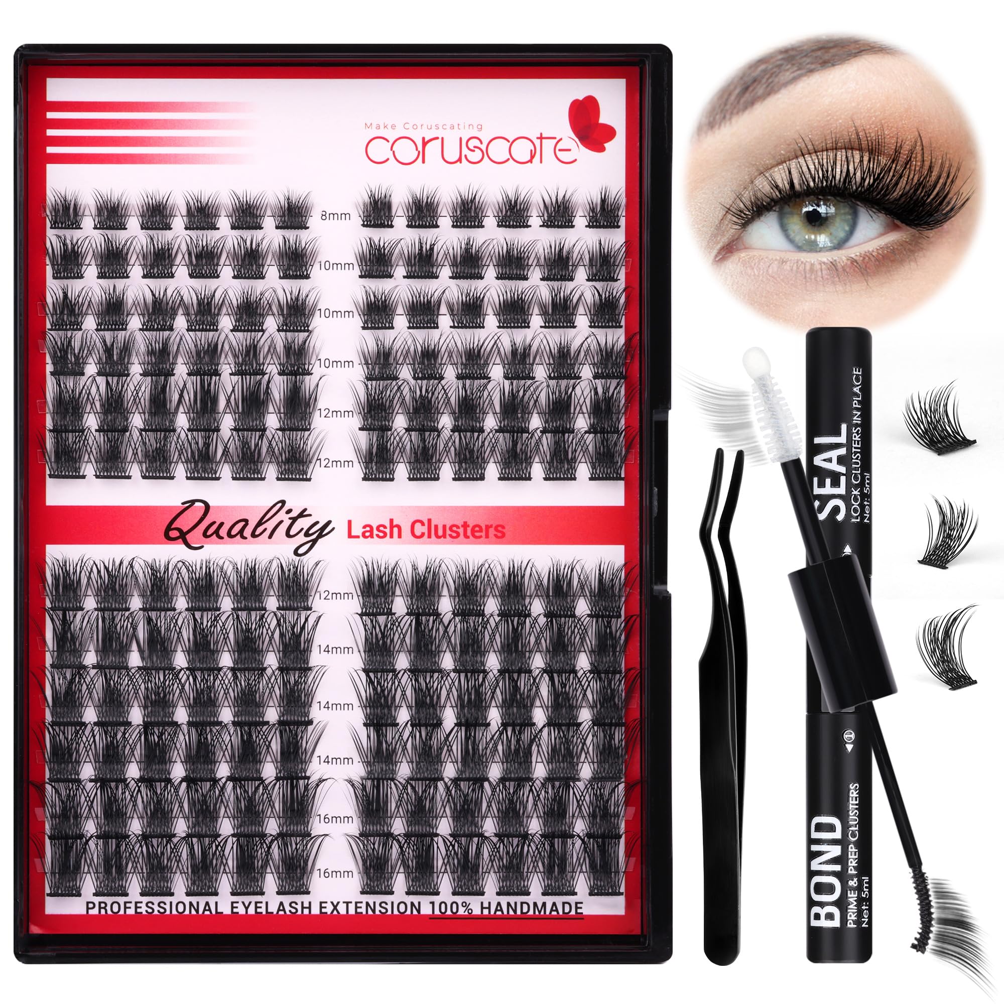CORUSCATE DIY Lash Extension Kit Clusters 144pcs Eyelash Kit, 8-16mm D Curl Individual Lashes Wispy with Bond and Seal Applicator for at Home (KIT-D-8-16)