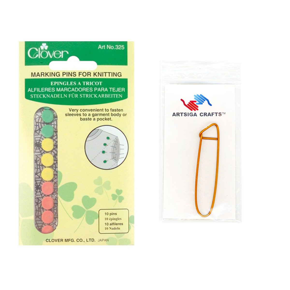 Clover Needlecraft Knit and Block Pins 2 inch 10/Pkg Bundle with 1 Artsiga Crafts Stitch Holder 325