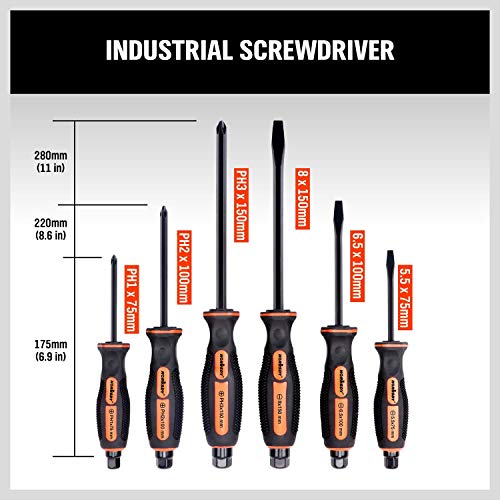 HORUSDY 6-Pieces Magnetic Screwdriver Set, 3 Phillips and 3 Flat Head Tips Screwdriver for Fastening, Chiselling and Loosening Seized Screws (New Screwdriver Set)