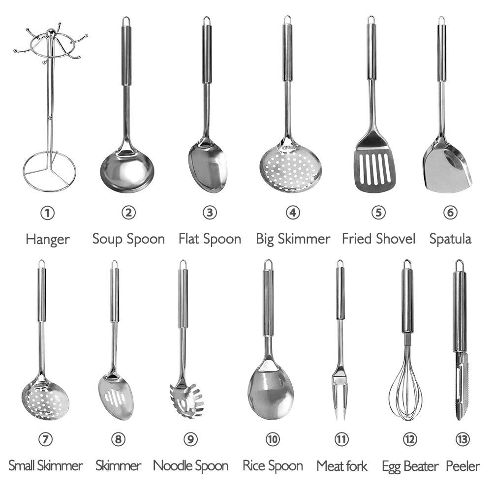 DCOT 13 Pcs Stainless Steel Kitchen Utensils Spoon Skimmer Shovel Spatula Meat Fork Whisk Cooking Utensils Tableware