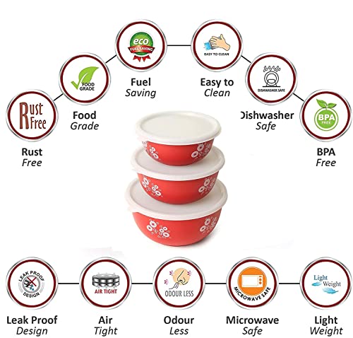 King International Microwave Safe Stainless Steel Red Designer Round Airtight Lid Food Storage Containers Set of 4,Stackable Mixing Bowl with Lid, Tiffin, Lunch Box