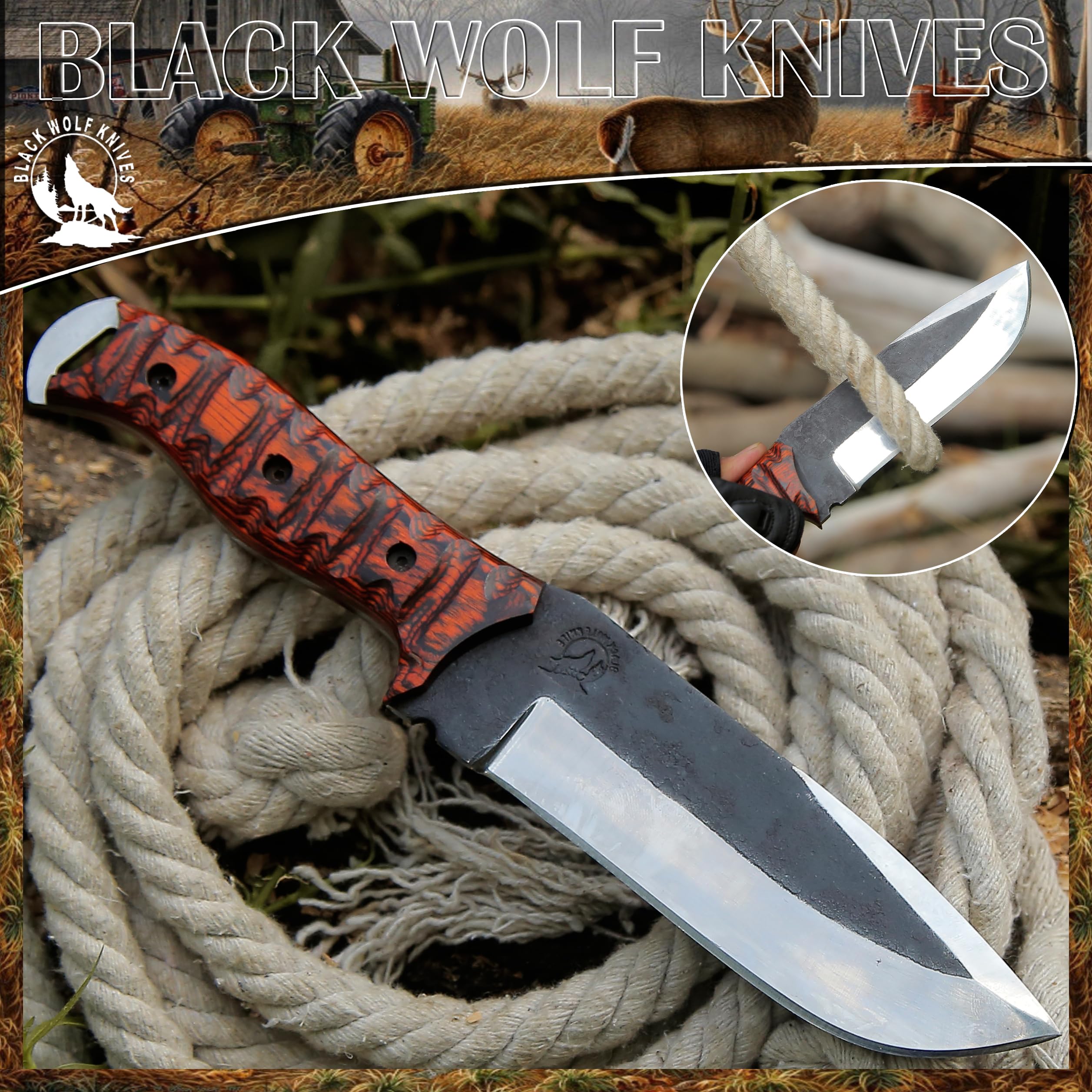 D2 Steel Hunting Knife Fixed blade knife Densified Wood handle, Black Edge,Bush craft, Camping, with Cowhide Leather Sheath – BW-4150