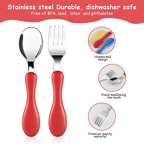 Vicloon Toddler Utensils, 6 Pcs Stainless Steel Baby Forks and Spoons Silverware Set, Children Safe Spoons and Forks with Flat Handle, Baby Feeding Cutlery, Dishwasher Safe (Yellow Red Blue)